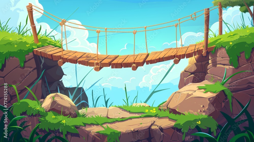 Cartoon illustration set of wooden suspension bridge straining over ...