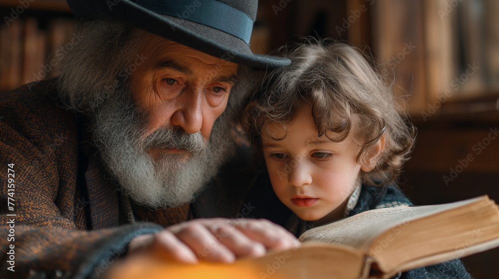 Elderly Jewish Man with Beard and Young Boy Studying the Torah Together ...