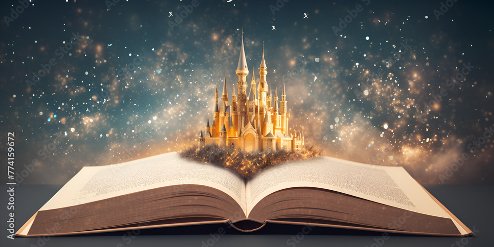 story book, Enchanting Magic Castle Emerging from a Book, open book ...