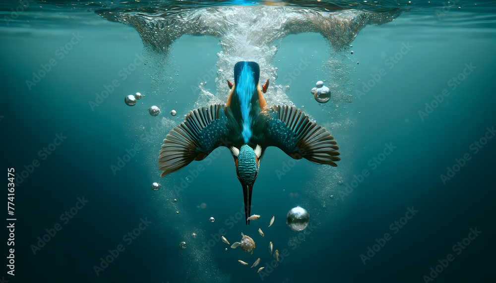 A hyperrealistic scene of a kingfisher bird diving vertically ...