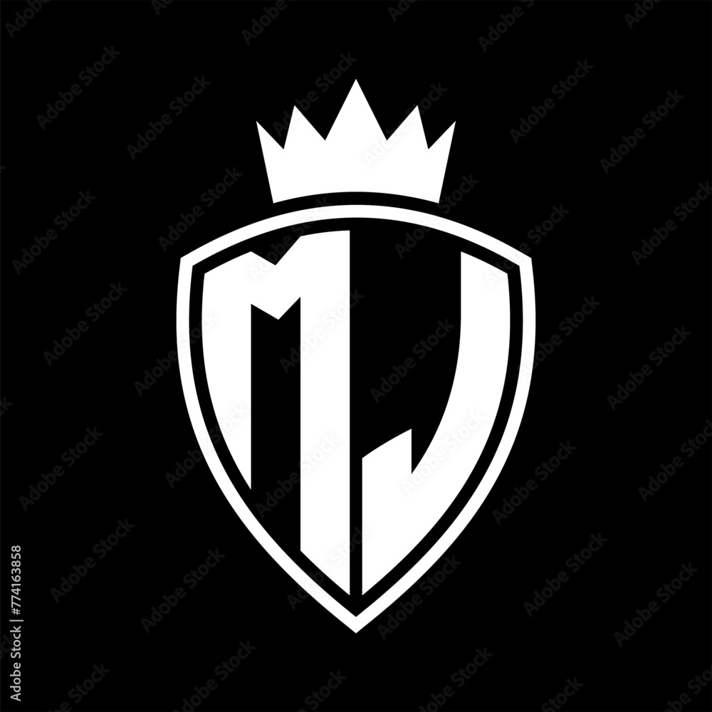 MJ Letter monogram shield and crown outline shape with black and white ...