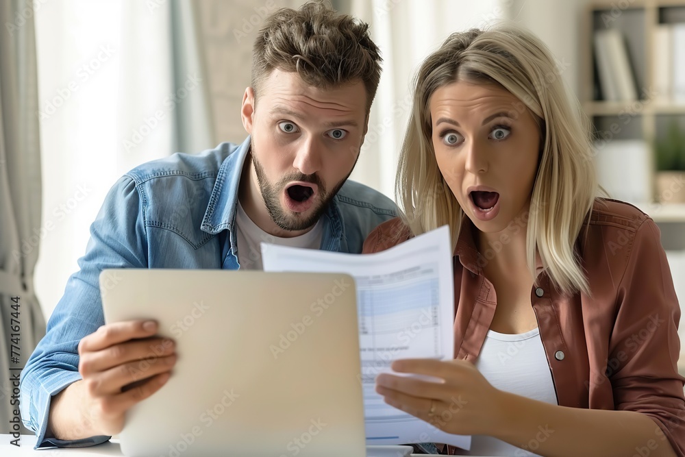 Family couple, woman and man, sitting together and surprised looking at ...
