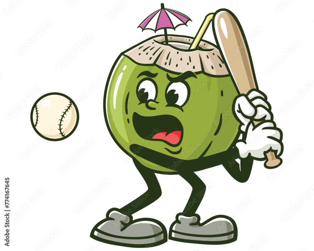Coconut playing baseball cartoon mascot illustration character vector ...