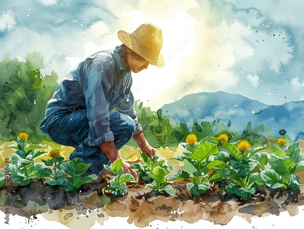 Watercolor drawing of a farmer planting crops, emphasizing the hard ...