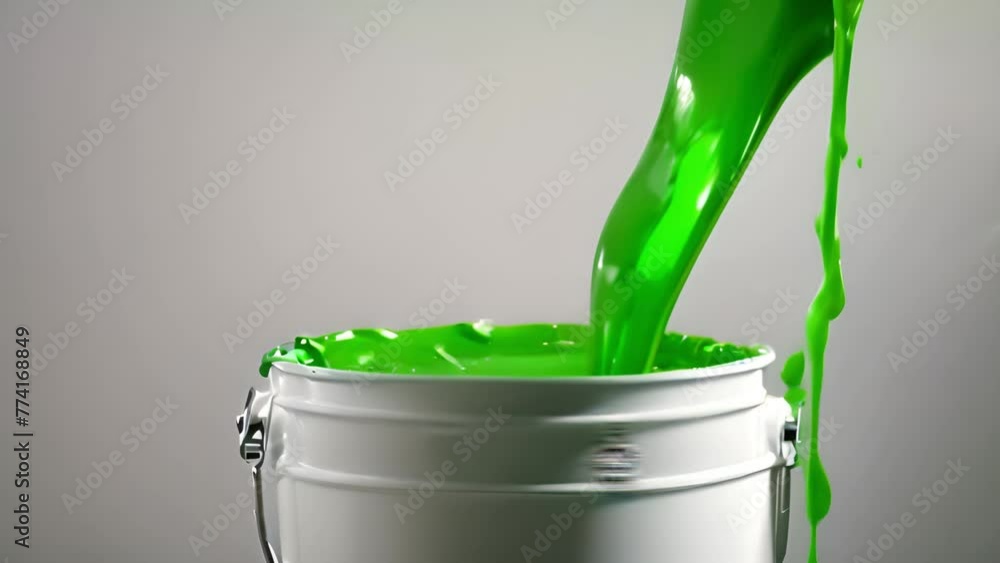 Green paint pouring in bucket. Stirring green paint in a white bucket ...