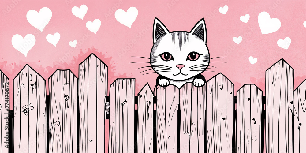 Illustration of a cat innocently peaking over a wooden fence with a ...