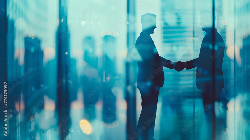Corporate deal handshake in modern office setting with city silhouette ...