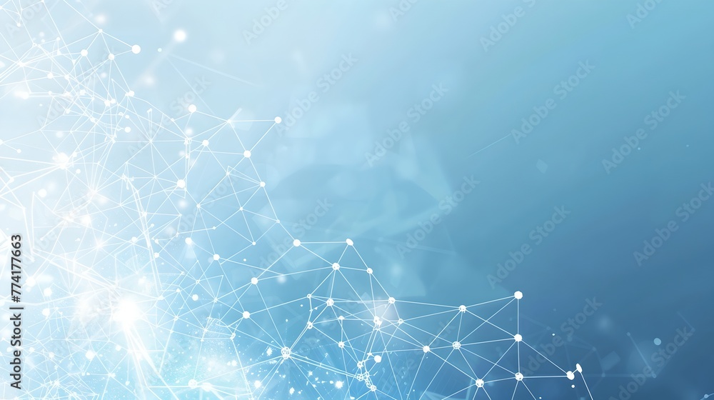 Abstract network connections on a blue backdrop. Digital nodes and lines represent data ...