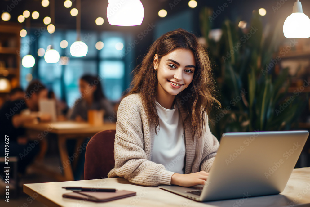 Generative AI photo of smiling person working as a tutor from cafe ...