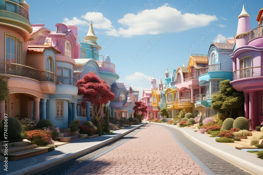 Luxury village road with beautiful and modern houses on the side of the ...