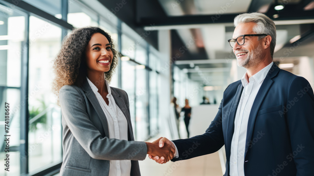 man and woman shaking hands. Happy business people, handshake meeting ...