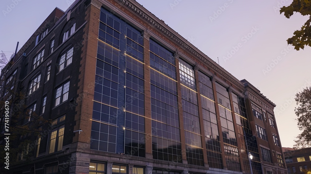 A historic building retrofitted with transparent solar window panels ...
