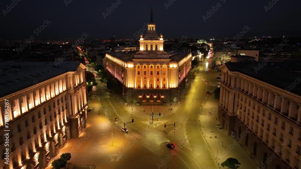4K Aerial night view of capital of Bulgaria Sofia. Three architectural ...