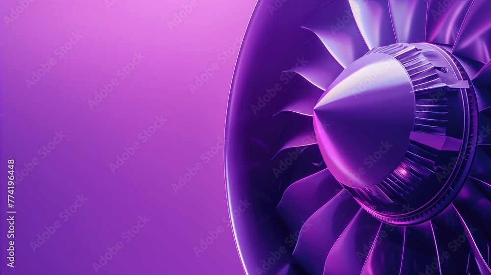 Abstract image of a jet engine turbine with purple hues and reflective ...