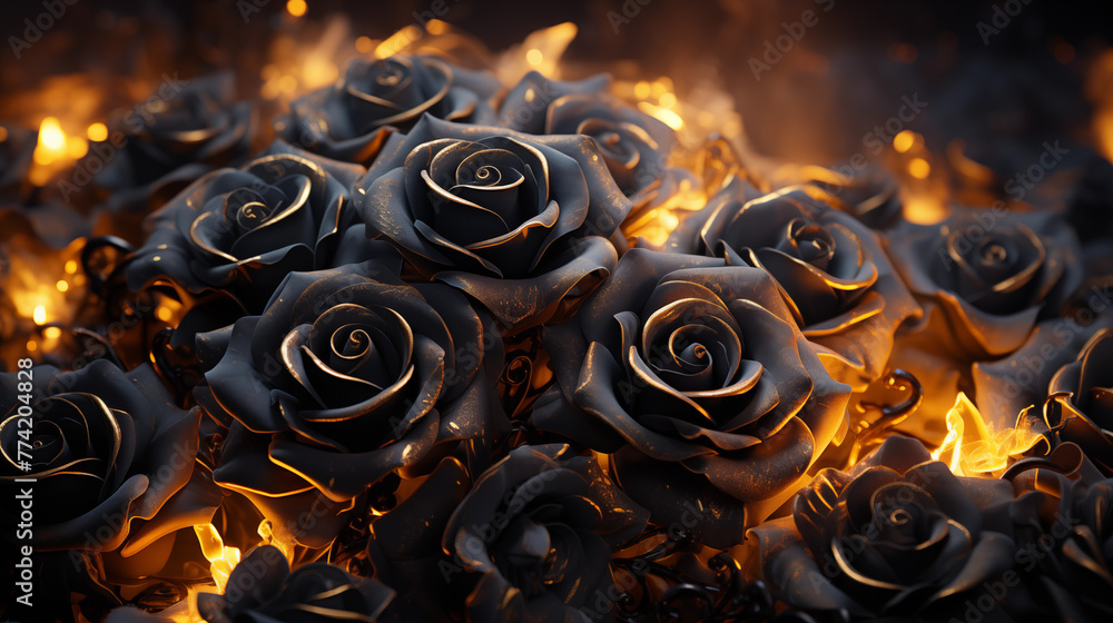 Roses noires et dorées. Matière et texture. Arrière-plan de flou ...