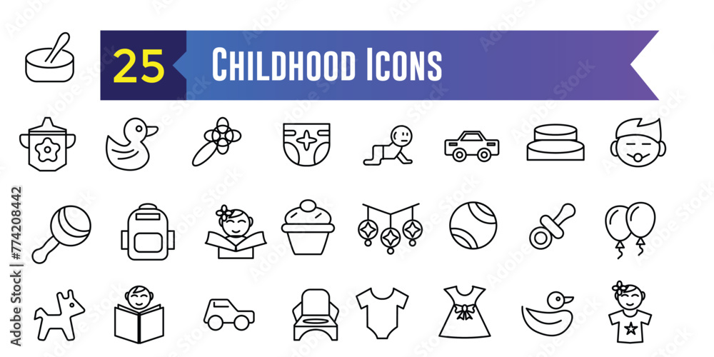 Childhood activity icons set outline vector. Kids development icon for ...