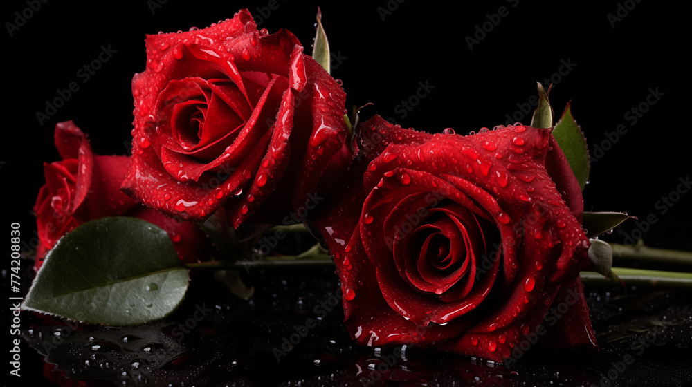 Bouquet de belles roses rouges sur un fond noir. Gros plan zoom. Fleurs ...