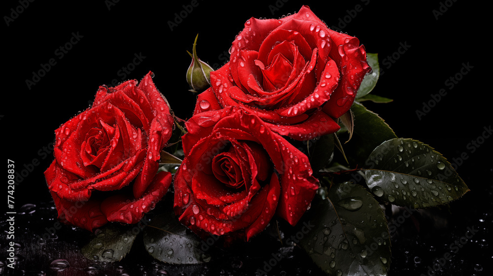 Bouquet de belles roses rouges sur un fond noir. Gros plan zoom. Fleurs ...