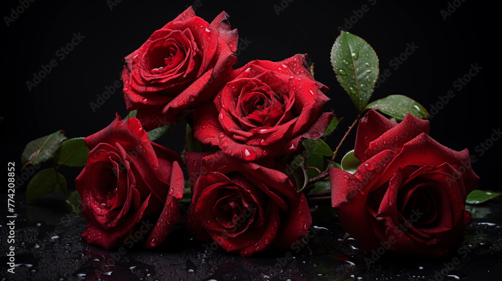 Bouquet de belles roses rouges sur un fond noir. Gros plan zoom. Fleurs ...