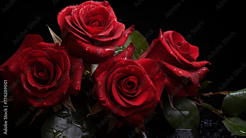 Bouquet de belles roses rouges sur un fond noir. Gros plan zoom. Fleurs ...