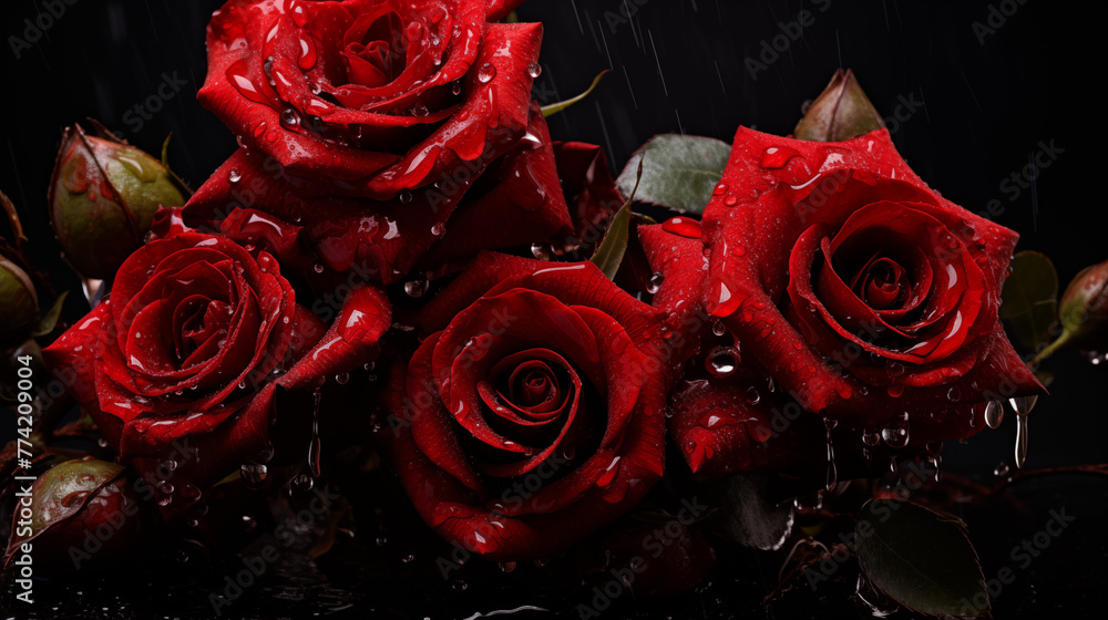 Bouquet de belles roses rouges sur un fond noir. Gros plan zoom. Fleurs ...