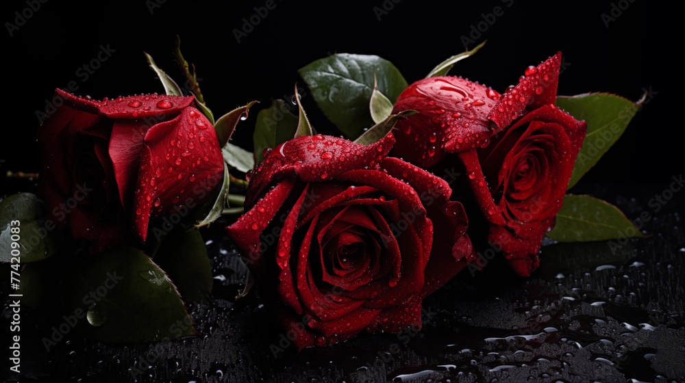 Bouquet de belles roses rouges sur un fond noir. Gros plan zoom. Fleurs ...