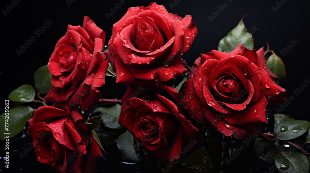 Bouquet de belles roses rouges sur un fond noir. Gros plan zoom. Fleurs ...