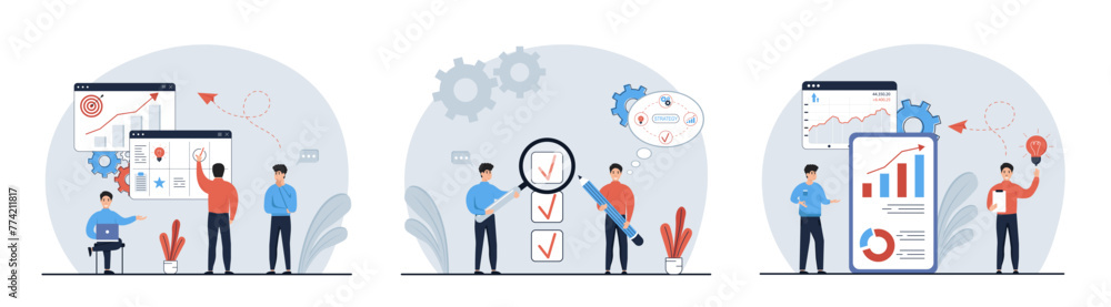 Strategic planning mega set. Bundle of scenes people analyze data ...