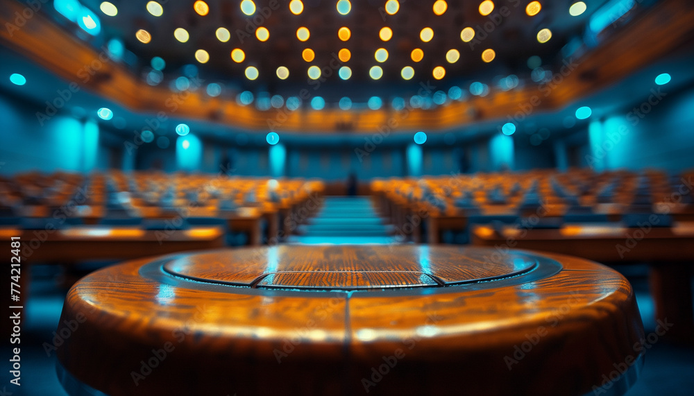 Vibrant image of empty parliamentary with rows of seats and a central ...
