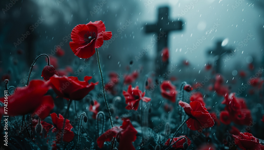 Red poppies in focus with rain in a misty, dark graveyard, concept for ...