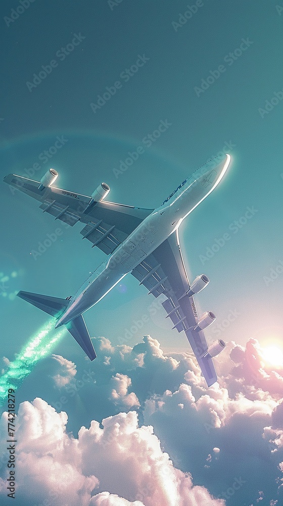 An illustration of a sleek, futuristic airplane soaring through a clear ...