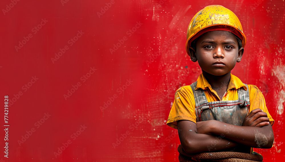 Portrait of a young boy in a yellow hard hat and overalls against a ...