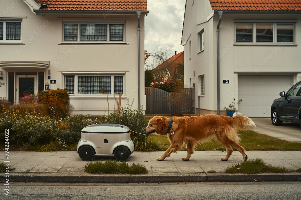 In a suburban setting, a futuristic robot takes on the task of walking ...