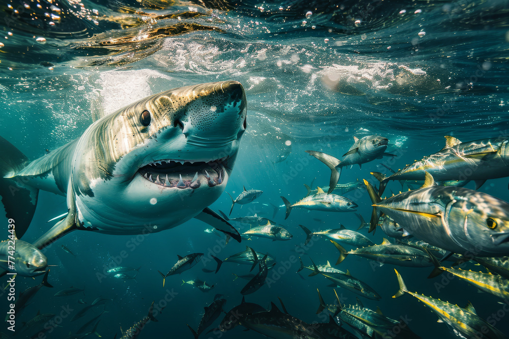 Close-up of a great white shark swimming through a bustling school of ...