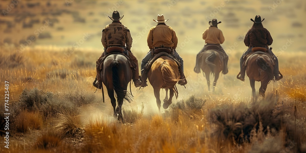 Outlaws in cowboy attire on horseback galloping through a wild west ...