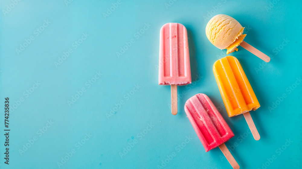 Ice cream background of various colors. Blue background. Summer ...