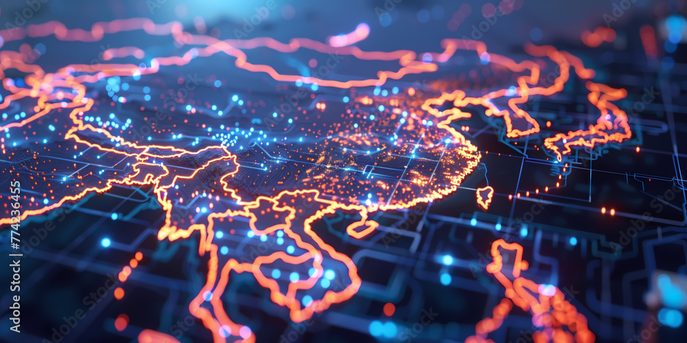 Digital map of China, concept of South East Asia network and ...