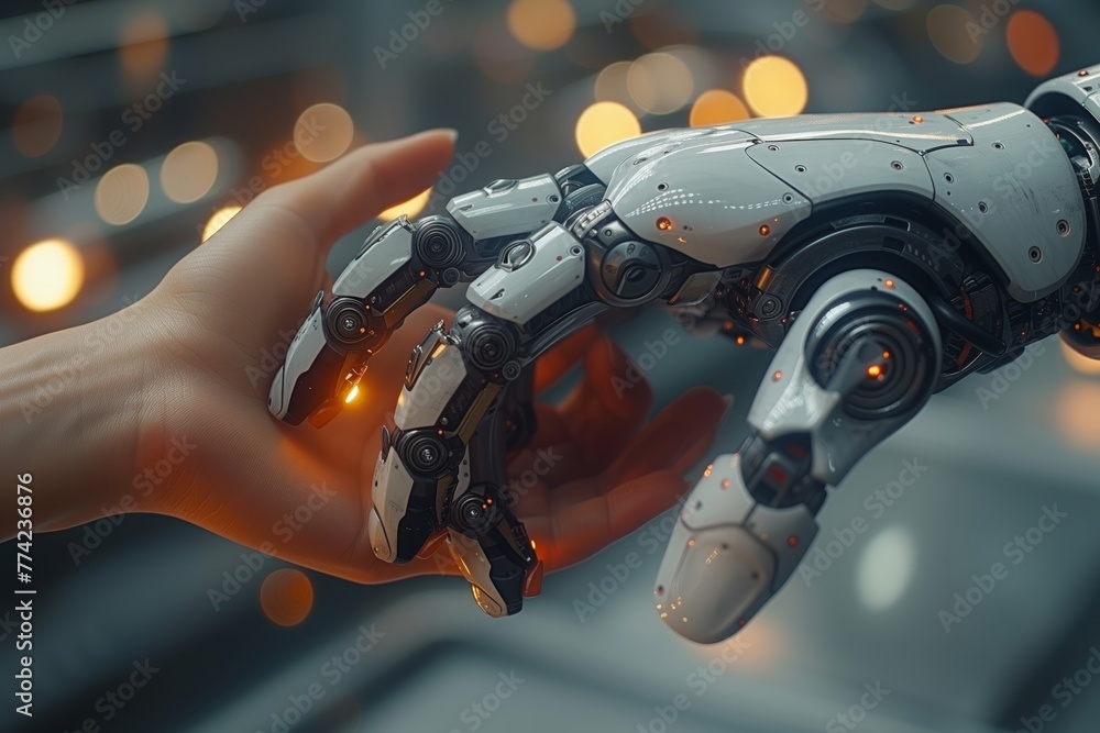 Against a backdrop of glowing orbs, a robotic hand approaches a human ...