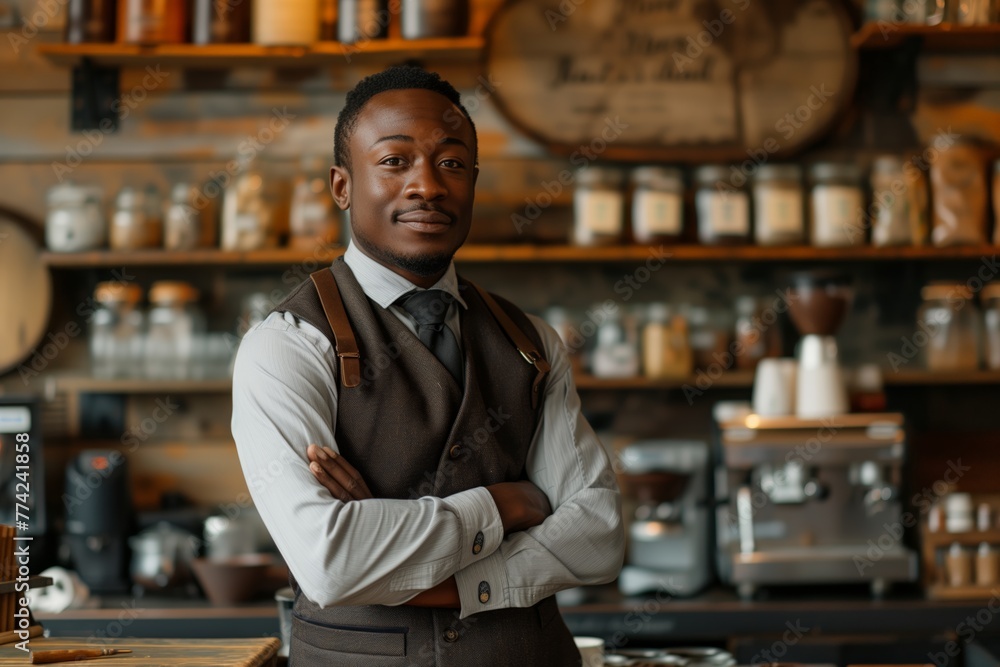 African American owned and operated coffee shop. Young barista, arms ...