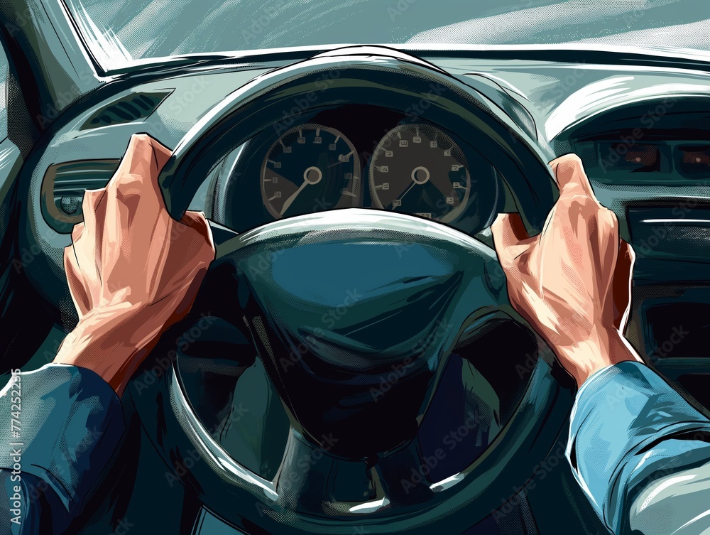 Digital illustration of a nervous learner driver gripping the steering ...