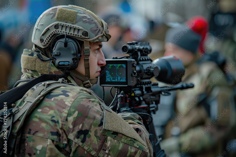 Military press photographer takes photos with professional camera Stock ...