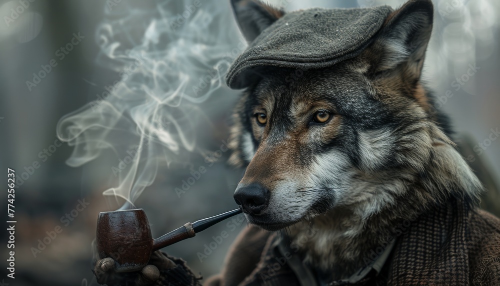 An aged wolf, wisdom in its eyes, smokes a pipe while donning a boy's cap, against a soft pastel ...