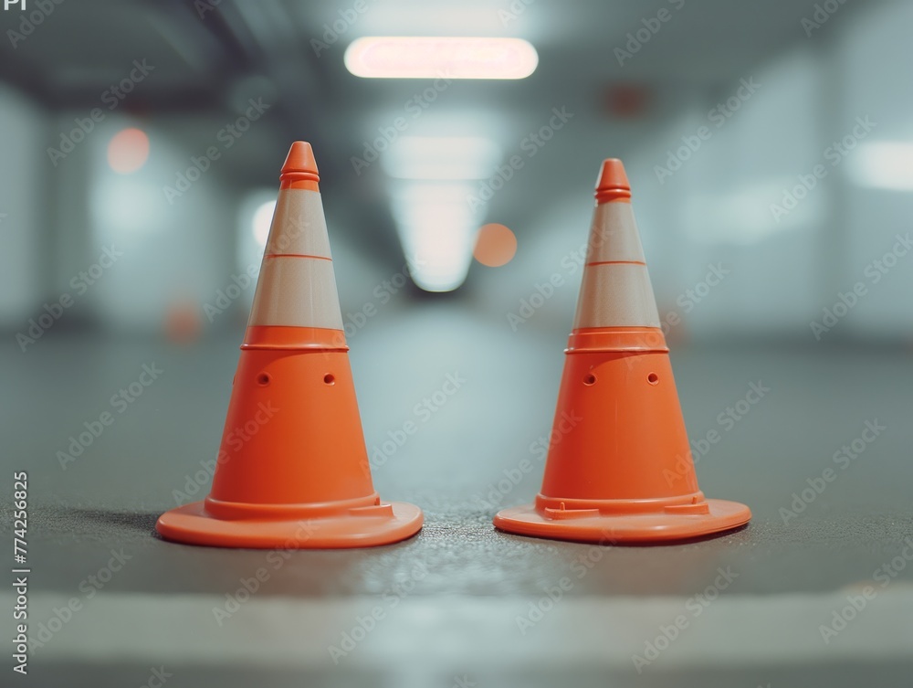 Indoor parking lot for driving practice, orange safety cones, floor ...