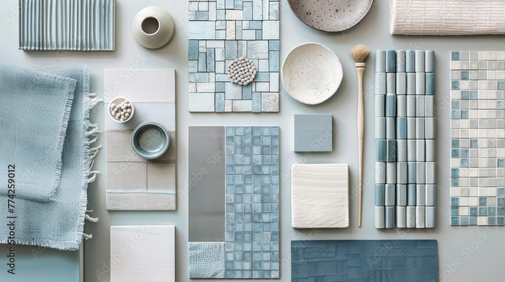 Elegant mood board presenting material samples for modern luxury ...