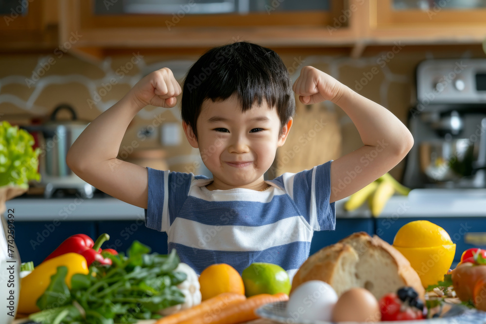 A young boy is standing in front of a table full of fruits and ...