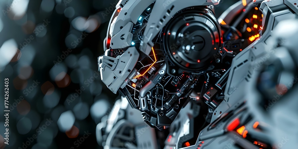 Closeup of a detailed 3D model of a robot or cyber armor with mining ...