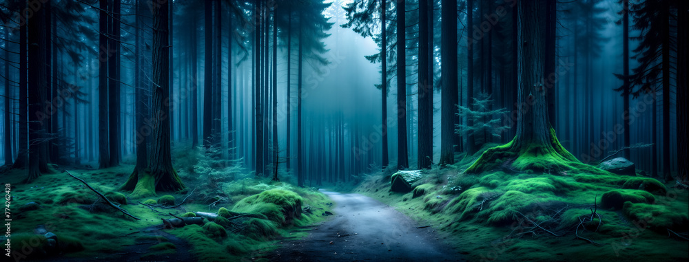 Dark foggy forest with a path through it at night, dramatic dark forest ...