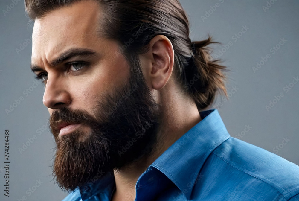 Portrait of brutal, bearded, aggressive, big person in blue shirt on ...