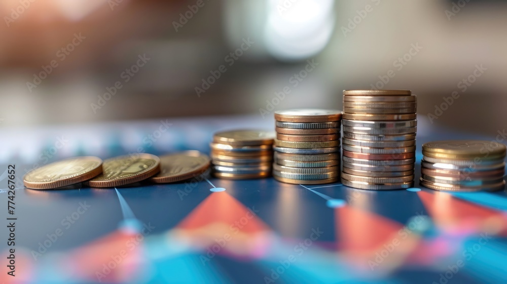 Stack of coins and a graph chart illustrating upward growth. Background ...