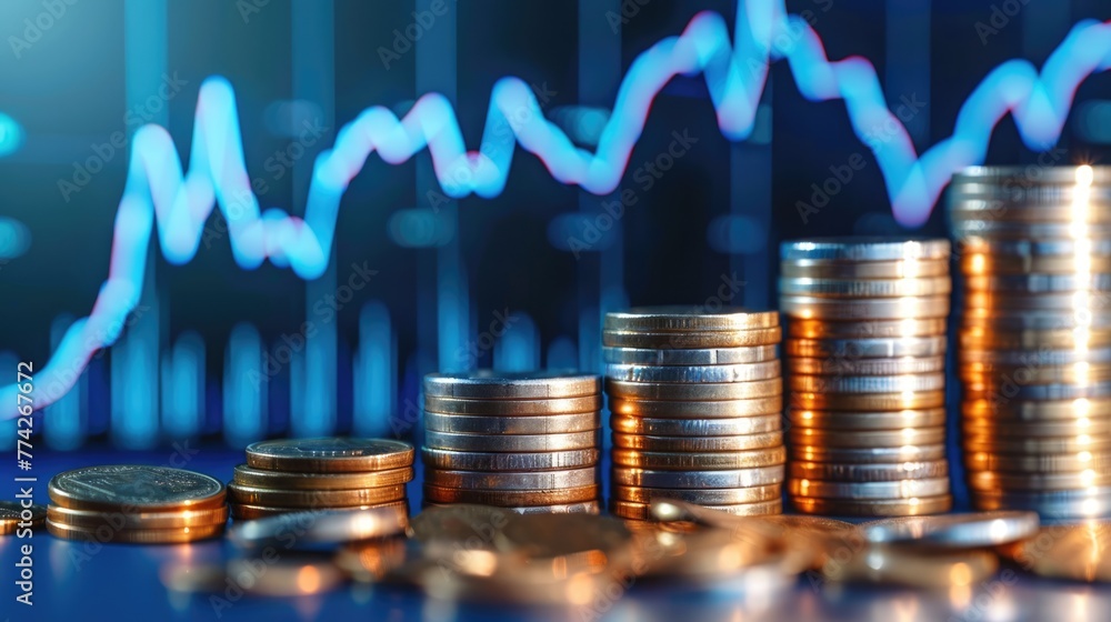 Stack of coins and a graph chart illustrating upward growth. Background ...